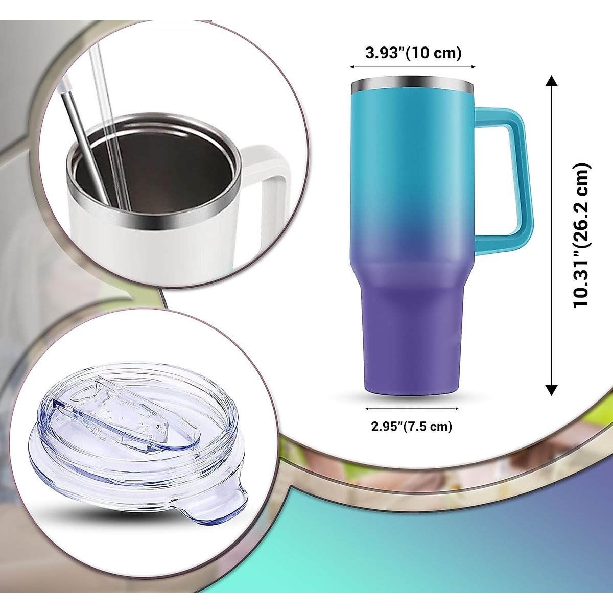 RAHATBEE 40 oz Tumbler with Handle and Straw Lid, 100% Leak-Proof Travel Coffee Mug, Reusable Stainless Steel Insulated Cup for Beverages, Keeps Cold for 34Hrs or Hot for 12Hrs (Blue-Purple)