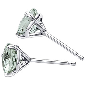 Peora 14K White Gold Green Amethyst Martini Solitaire Stud Earrings for Women, Hypoallergenic 1.50 Carats total, Round Shape 6mm, AAA Grade, February Birthstone, Friction Back