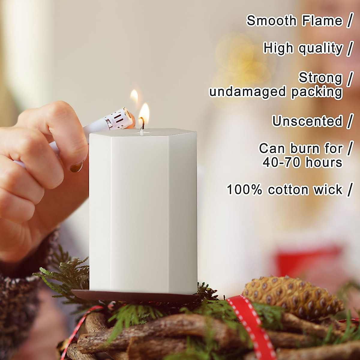 MTLEE 3 Pcs Hexagon Pillar Tall Candle Giant White 70 Hour Long Burning Time Unscented Pillar Candles Minimalism Dripless Smokeless Modern Geometric Candles Home Decor For Wedding Bathroom Living Room