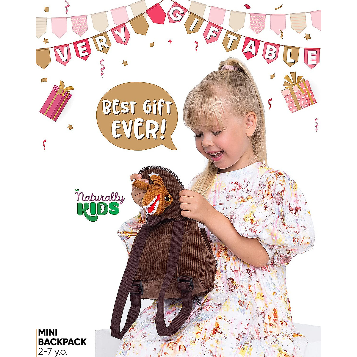 Naturally KIDS Mini Dinosaur Backpack - Very Small Toddler Backpack for Girls Boys - Dinosaur Toys for Kids 3-5 - Little Brown Backpack - Tiny T Rex