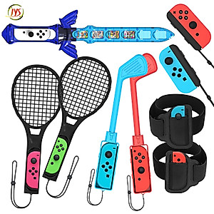 Switch Sports Game Accessories Bundle 9 in 1 Family Accessory Kits with Soccer Leg Straps Wrist Straps for Joy-con, Tennis Rackets, Golf Culbs, Sword for Nintendo Switch / OLED Sport Games