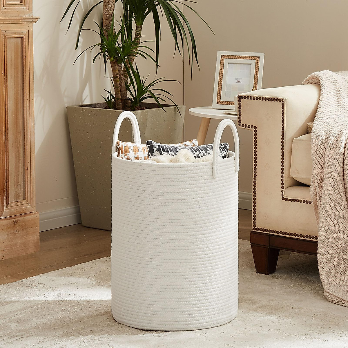 White Woven Rope Laundry Basket by TECHMILLY, 58L Baby Nursery Hamper for Clothes Blanket Storage, Large Tall Laundry Hamper for College Dorm, Bedroom, Living Room