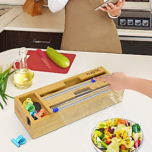 Bamboo Aluminum Foil Dispenser with Cutter, Foil and Plastic Organizer for Drawer, Plastic Wrap Dispenser with Cutter for Kitchen Drawer and Cabinet Organizer, Foil Organization and Storage Holder 1