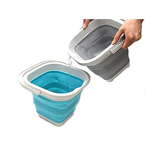 SAMMART Set of 2-5L (1.3 Gallon) Sqare Collapsible Plastic Bucket - Foldable Square Tub - Portable Fishing Water Pail - Space Saving Outdoor Waterpot (2, Grey)