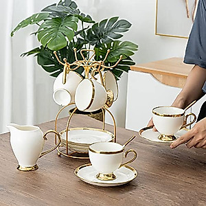 oAutoSjy Iron Coffee Cup Holder Gold Mug Holder with Hook & Handle Coffee Mug Rack Dishes Organizer Mug and Saucer Display Rack Wrought Iron Mug Drainer Storage Drying Rack for Counter Kitchen Office