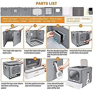LOOBANI Foldable Cat Litter Box with Lid,Enclosed and Covered Litter Box to Prevent Smell, Anti-Splashing Kitty Potty with Scoop and Mat for Easy Clean, Large Top Entry Cat Toilet with Drawer (Grey)