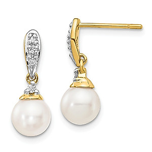 Solid 14k Yellow Gold Diamond and 6-7mm Round FW Cultured Pearl Post Dangle Earrings