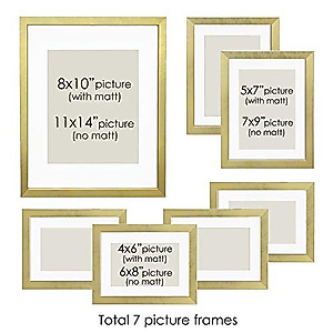 MIMOSA MOMENTS Picture Frame Sets for Wall Collage Multiple Sizes, Gallery Wall Frame Set with mat for one 8x10, 2 5x7 and 4 4x6 picture (Gold, 7 pcs set)