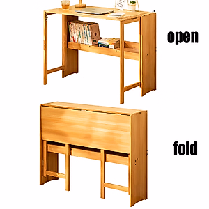 TrueyEssence Folding Desk, Small Computer Table with Bookshelf Writing Desk Laptop Desk Vanity Table Bamboo Workstation for Home Office Wood Color