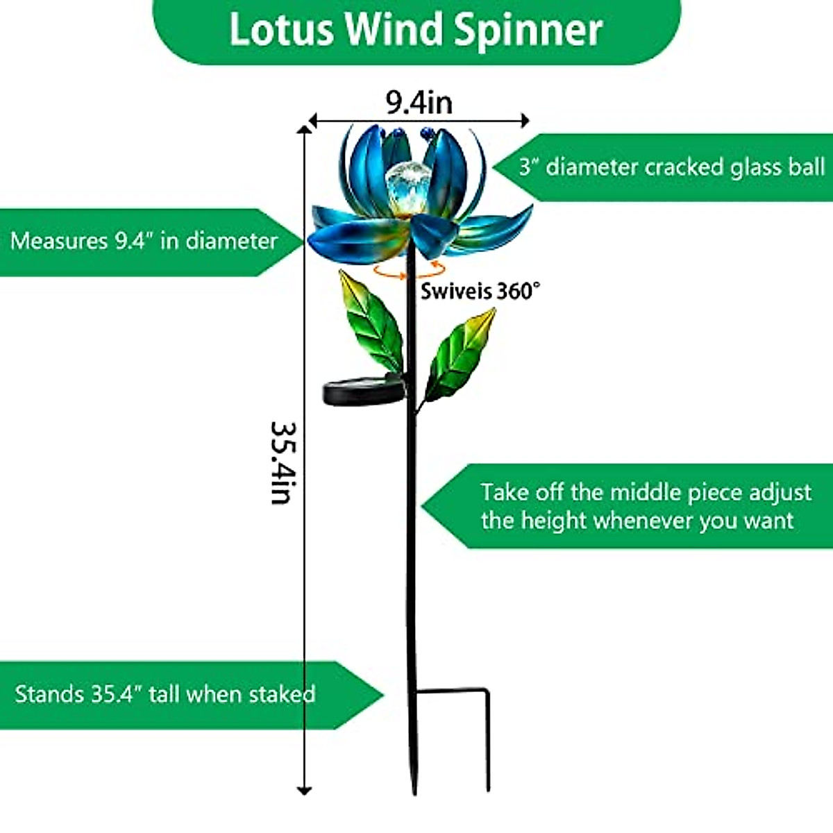 Solar Yard Lights Wind Spinners- Metal Lotus Flower Garden Decor LED Crackle Glass Globe Yard Art Sculpture Solar Stake Lights for Patio Pathway Lawn Walkway