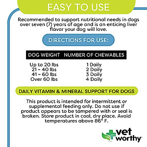 Vet Worthy Senior Multivitamin Chewable for Dogs - Antioxidants and Nutritional Support - Daily Support - Essential Vitamins, Minerals, & Enzymes- Liver Flavor Chewable for Dogs - 60 Tablets