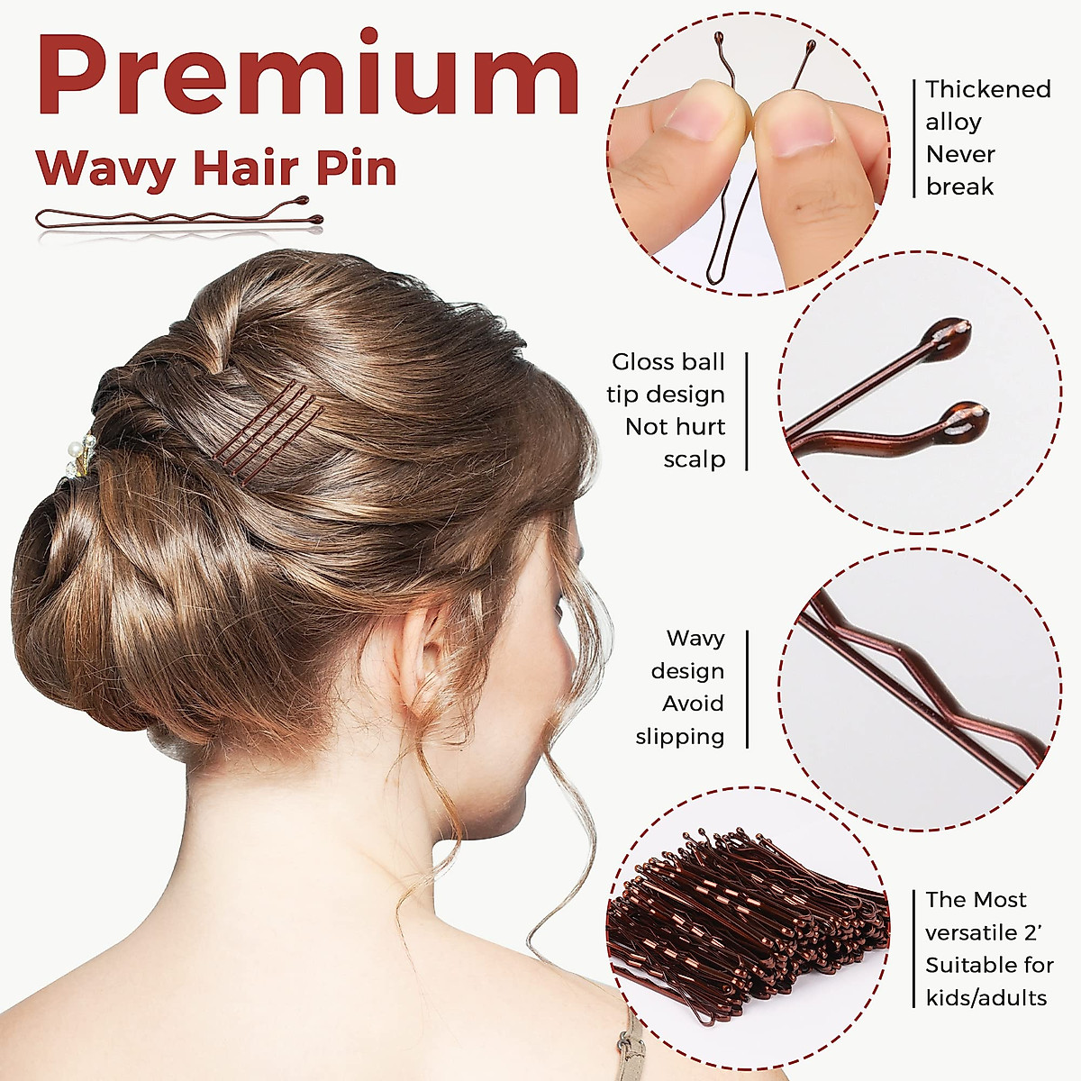 300 Pcs Bobby Pins Brown, EWAGOA Brown Hair Pins for Women Girls and Kids, Invisible curled Hair clips with Storage box, Pain-Free Hairpins（2 Inch Brown）
