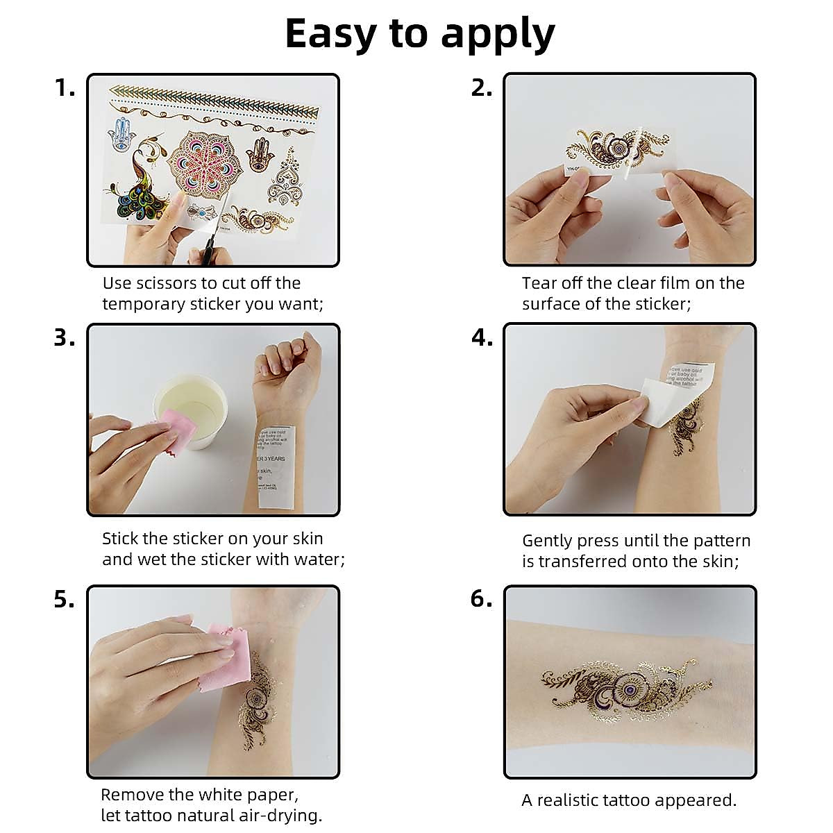 12 Sheets Flash Gold Metallic Temporary Tattoos for Women Girls Waterproof Gold Silver Tattoo Stickers for Beach Festivals Parties Long Lasting Nontoxic Glitter Fake Tattoos Exquisite Designs