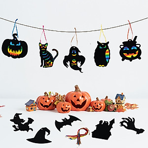 OuMuaMua 77pcs Halloween Scratch Art for Kids - Rainbow Scratch Paper Arts and Crafts Kit, Pumpkin Ghost Zombie Witch Scratch Art Hanging Ornaments for Halloween Birthday Kids Activities Gifts