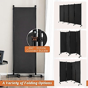 GOFLAME 4 Panel Folding Room Divider, 6FT Rolling Privacy Screen with Lockable Wheels, Portable Room Partition Screen, Freestanding Wall Divider and Separator for Home Office, Black