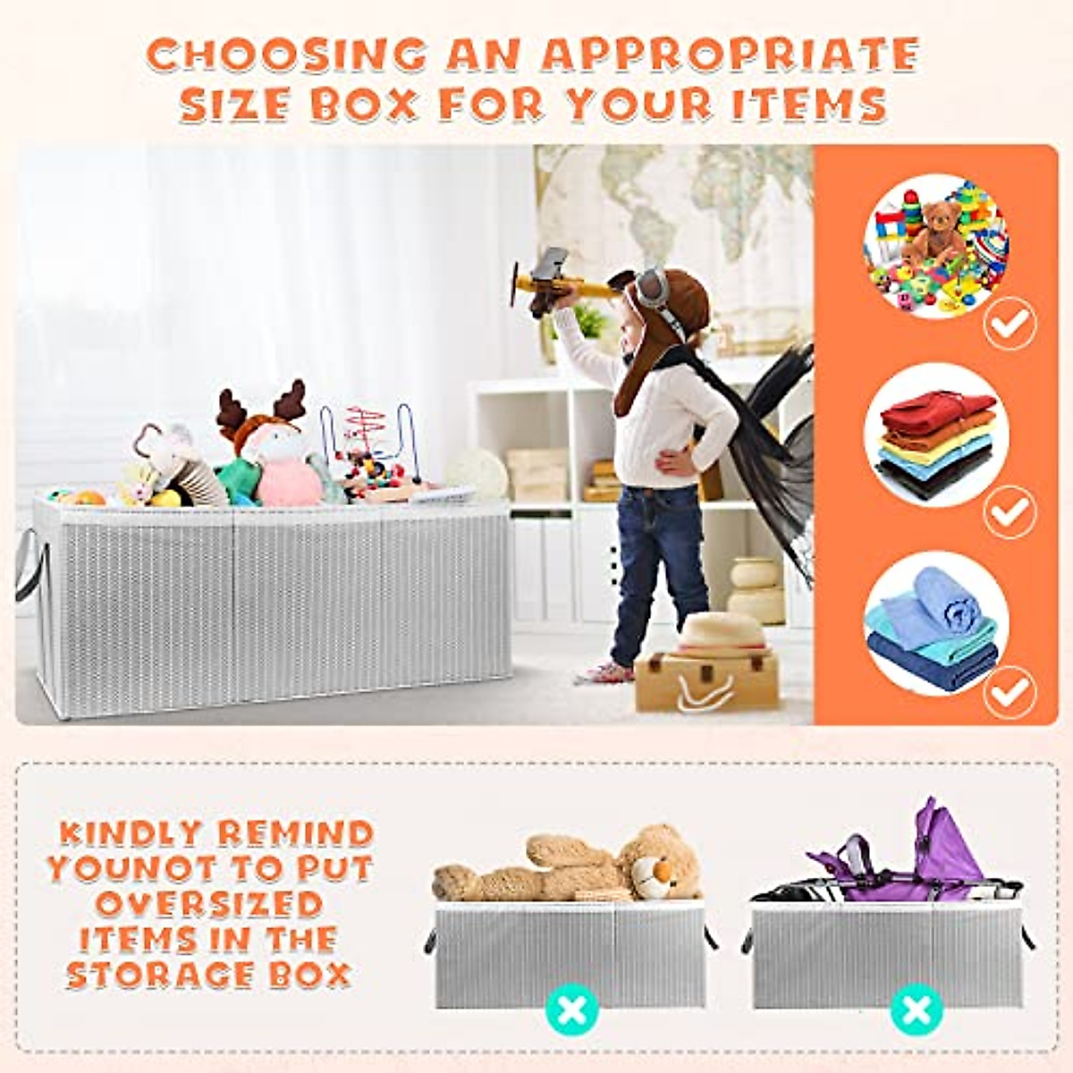 PELEYWCO Extra Large Toy Box For Girls with Divider Boards，Extended Handles, 3 Independent Lids and Longer Magic Tapes,the 147L large toy chest for boys and girl 40.6 * 13.4 * 16.5inch