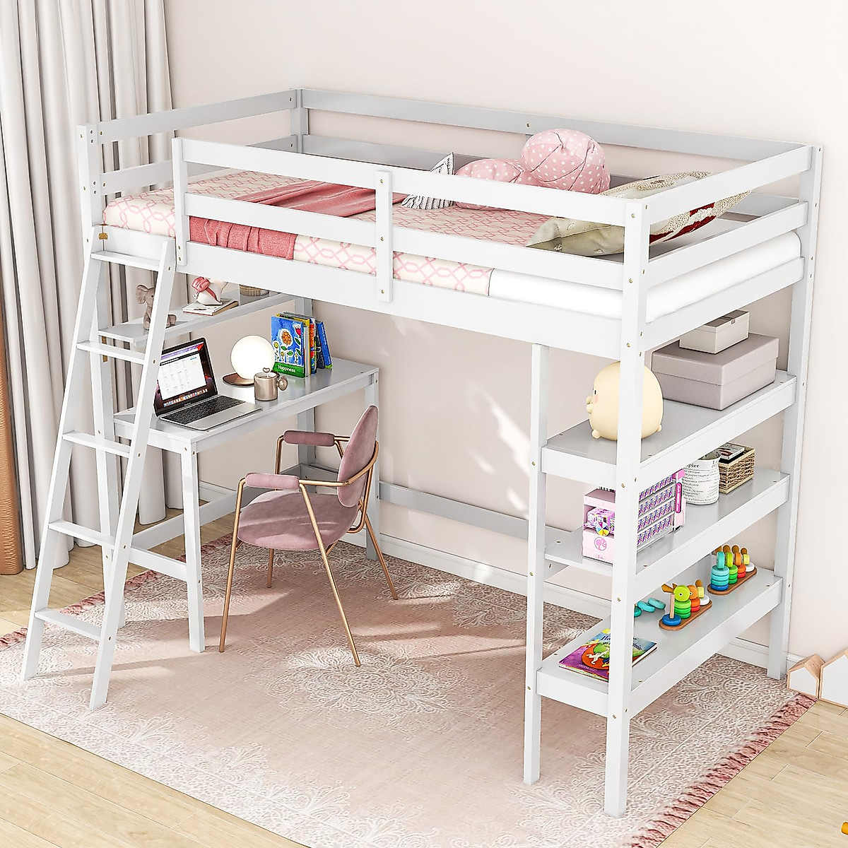 KOMFOTT Twin Loft Bed with Desk & Storage Shelves, Wood Loft Bed Frame for Kids Teens with Bookcase, Ladder, Guardrail, No Box Spring Needed, Space-Saving Loft Bed for Dorm, Apartment
