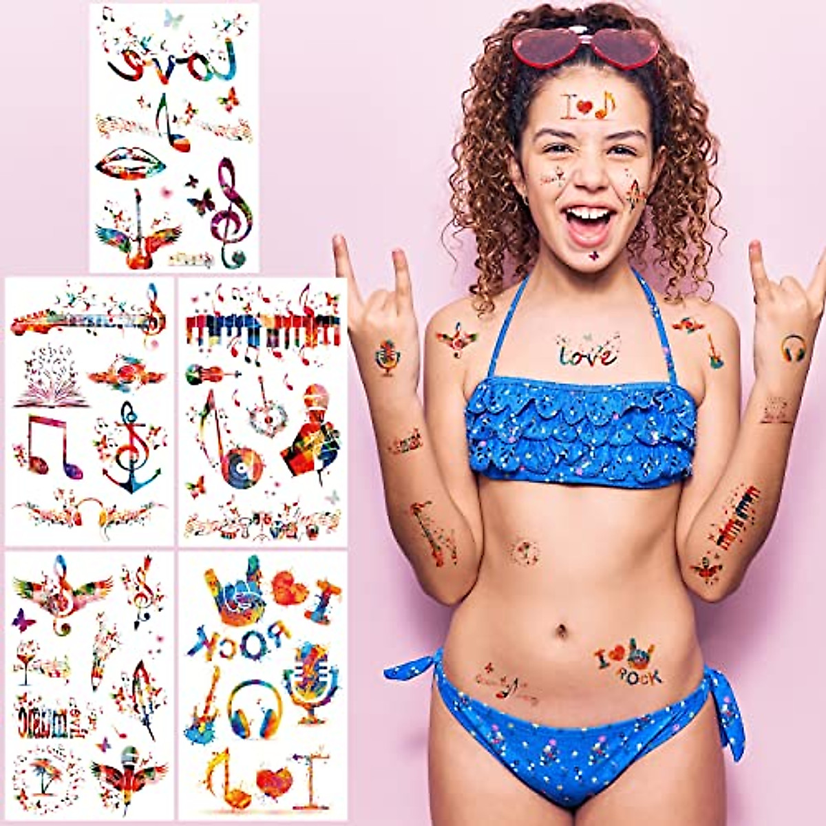 Konsait Music Notes Temporary Tattoos Creative Tattoos Stickers Red and Blue Music Notes Guitar Piano Music Feathers Fake Tattoos for Music Party Birthday Gift for Adults Music Favor