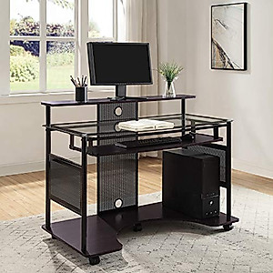 OSP Home Furnishings Vision Glass Multi-Media Home Office Rolling Desk, Black