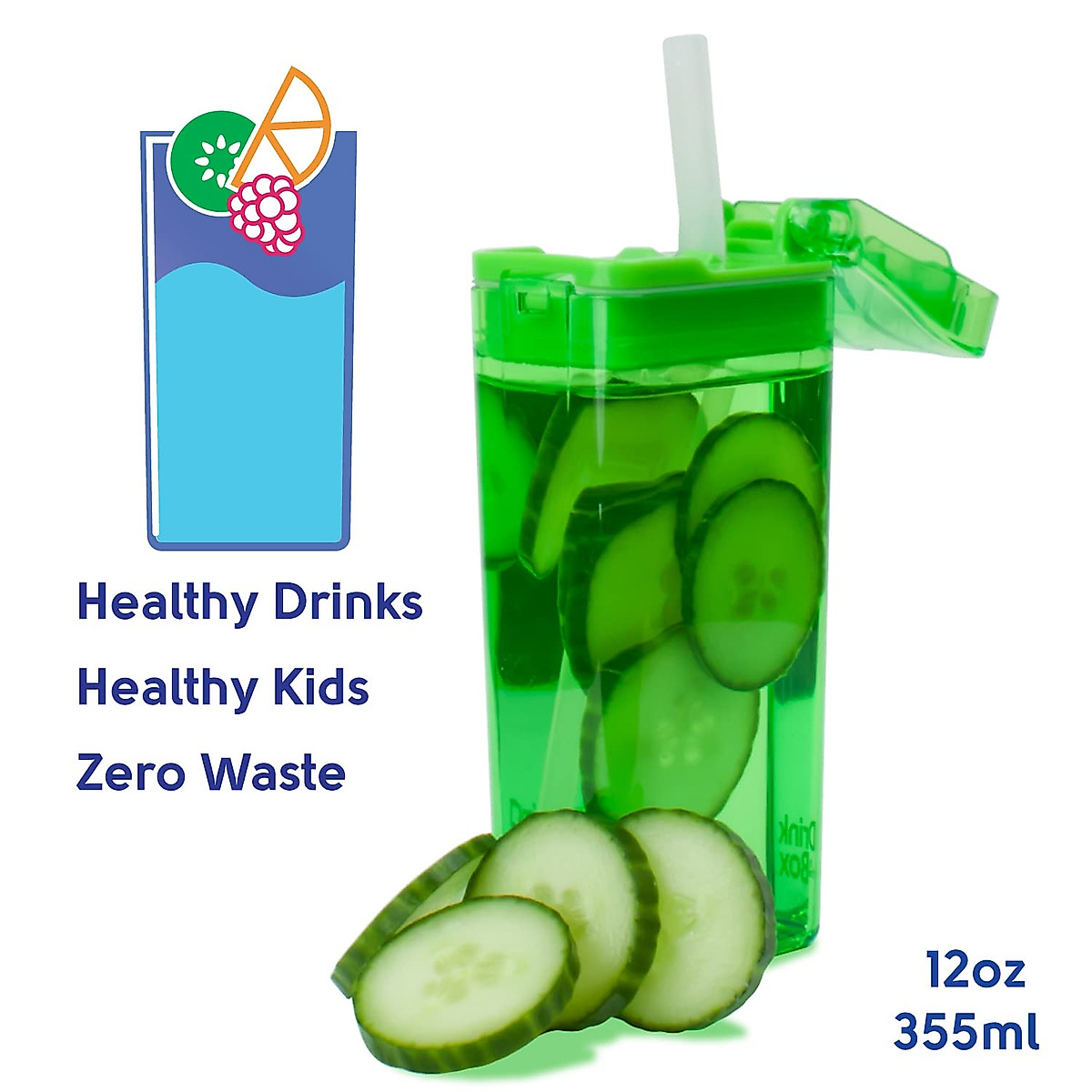 Precidio Design Drink in the Box Eco-Friendly Reusable Juice Box Container, 12 ounce, Green