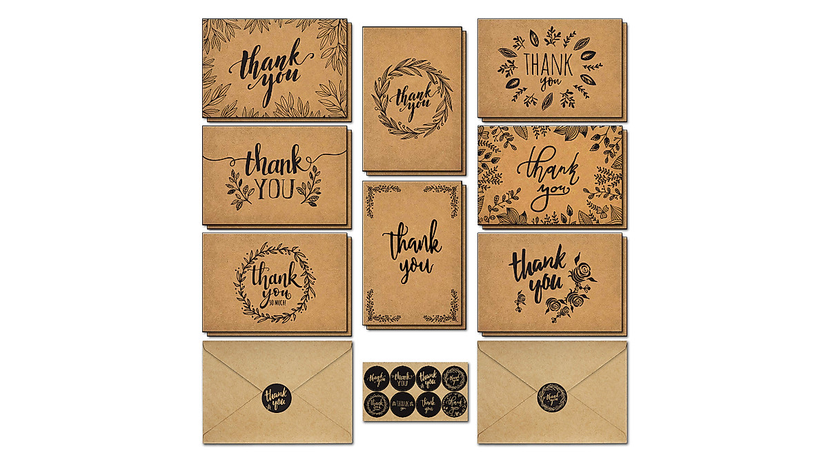 Premium Thank You Cards Bulk - 160 Kraft Notes with Envelopes & Stickers