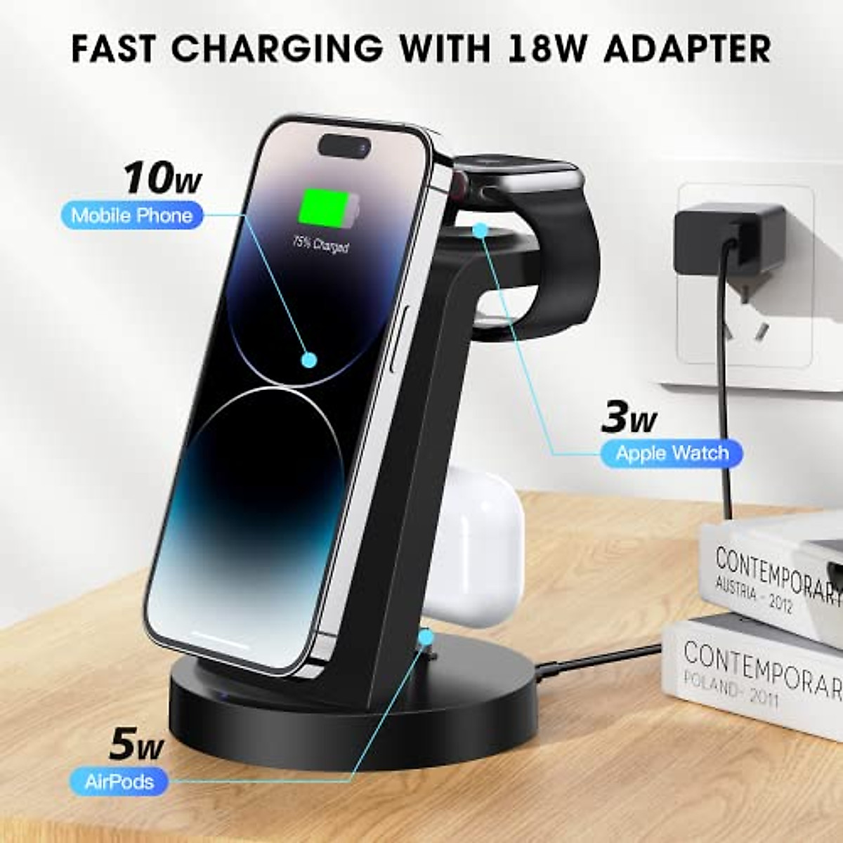 3 in 1 Charging Station for iPhone, Wireless Charger for iPhone 14 13 12 11 X Pro Max & Apple Watch - Charging Stand Dock for AirPods