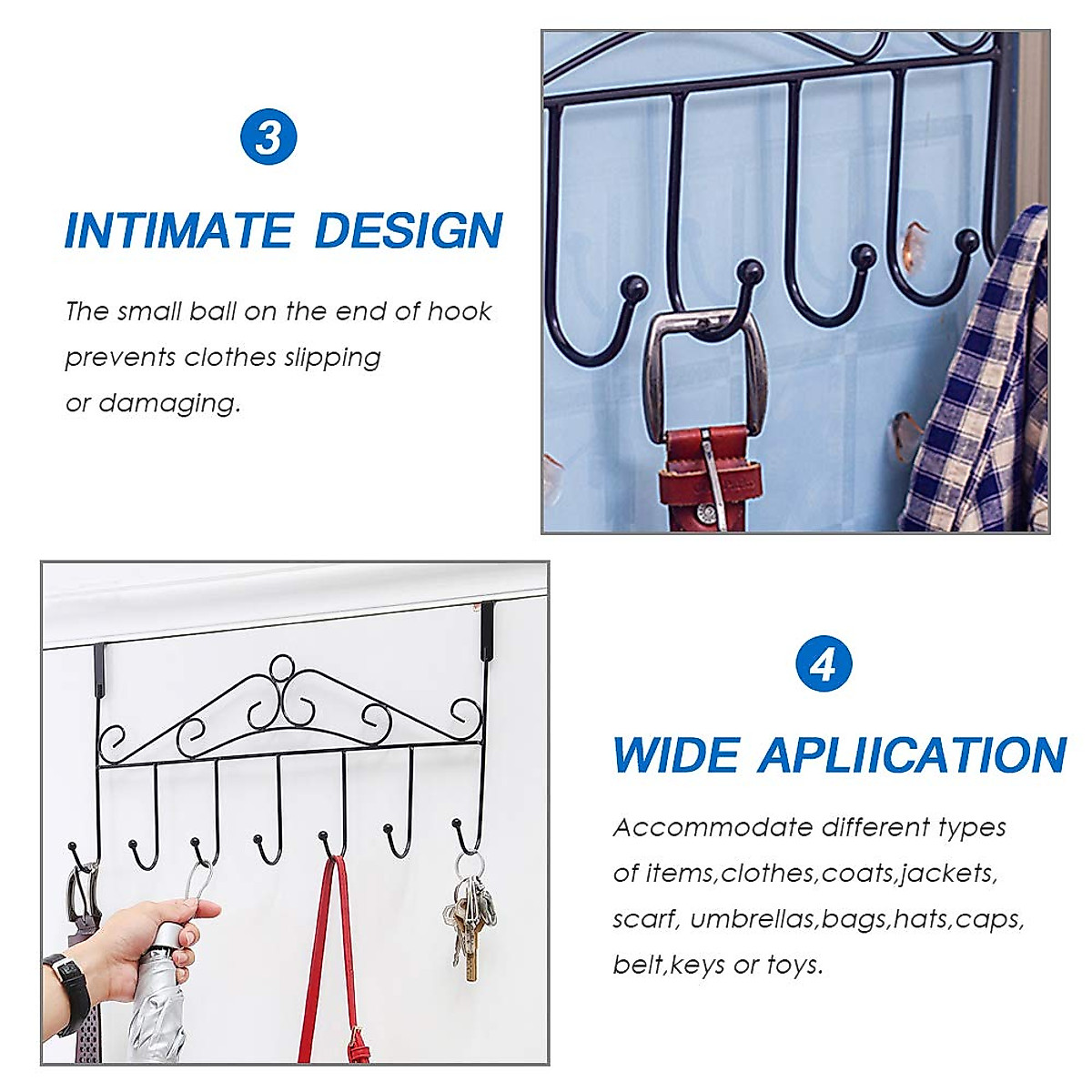 SSAWcasa Over The Door Hooks, 2 Pack Door Hanger Hook, Over Door Towel Rack for Bathroom, Door Coat Hanger Organizer, Back of Door Hooks for Hanging Clothes