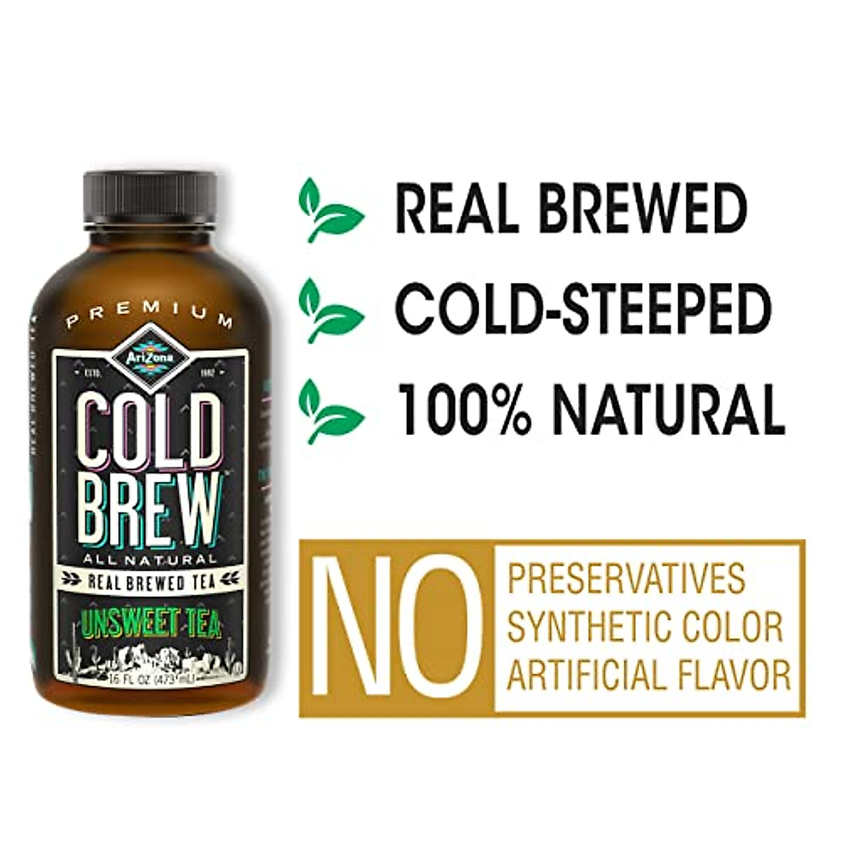 AriZona Unsweet Black Tea - Premium Cold Brew Iced Tea - Sugar Free, 16 Fl Oz (Pack of 12)