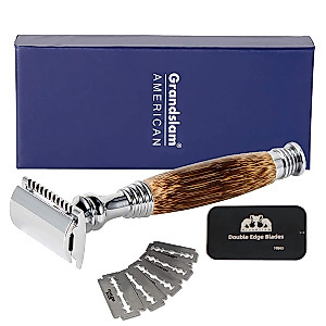 Grandslam Double Edge Safety Razor + 10 Blades Safety Razor with Handmade Long Natural Bamboo Handle Eco Friendly Safety Razors for Women/Men Ladies Shaver