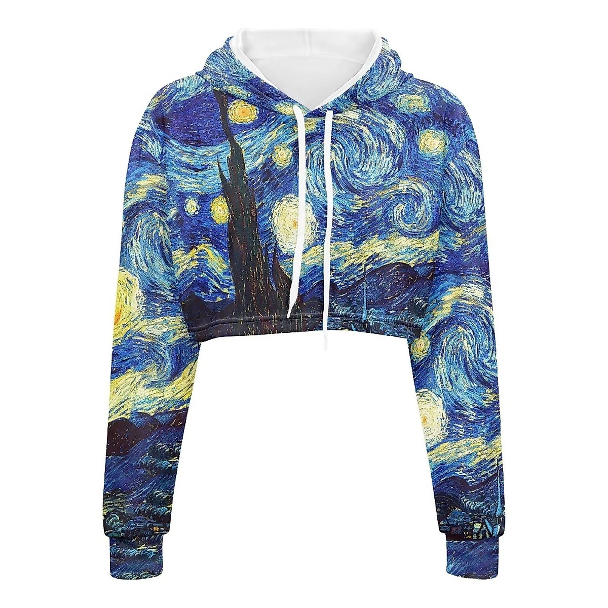 DISNIMO Van Gogh Starry Night Crop Top Hoodie for Women Teen Girls L Long Sleeve Shirt Athletic Sweatshirt Drawstring Hooded Pullover Tops Fall Outfits Running Gym Sport Clothing