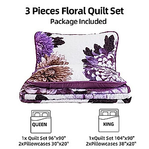 Dintszyayue Floral Quilt Set King Size, 3 Pieces Purple Flower Quilt Coverlet Set with 2 Pillowcases Lightweight Microfiber Bedspread All Season King 104"x90"