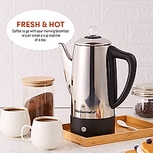 Elite Gourmet EC812 Electric Coffee Percolator with Keep Warm, Clear Brew Progress Knob Cool-Touch Handle Cord-less Serve, 12-Cup, Stainless Steel