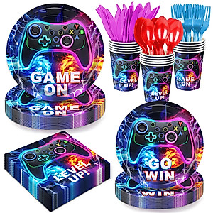 QIYANPAX 168 PCS Video Game Party Decorations Game Party Supplies Includes Plates, Napkins, Cups, Cutlery for Gamer Birthday Party Decorations, Serves 24
