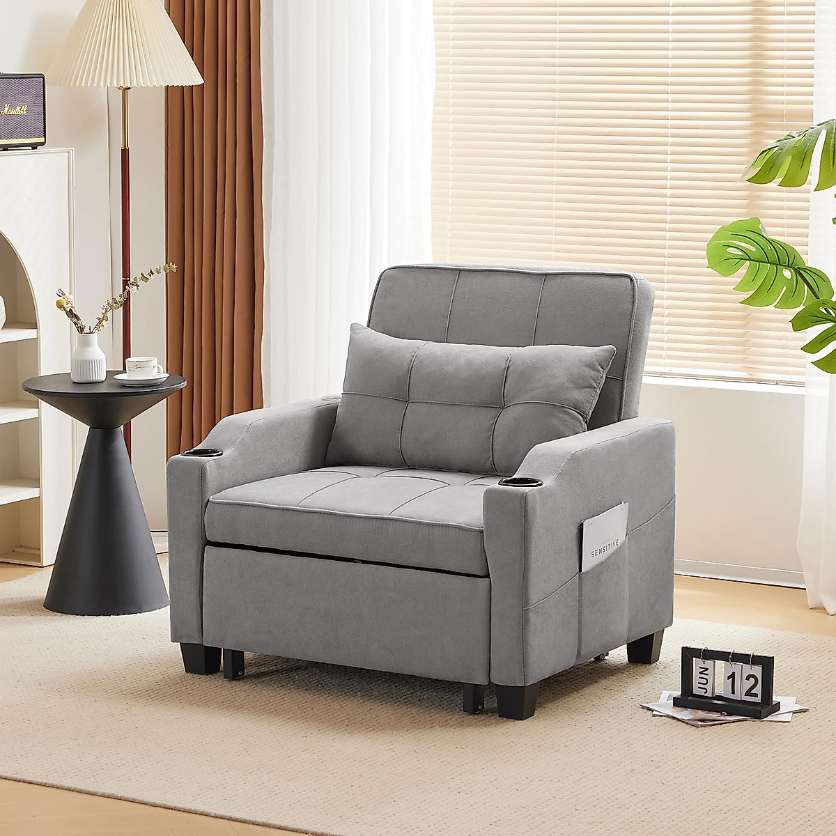 VINGLI Convertible Sleeper Chair 3-in-1 Sofa Bed Light Gray, Pull Out Couch Sleeper Sofa Recliner with USB Ports, Cup Holders, Side Pockets for Small Space Living Room, Bedroom