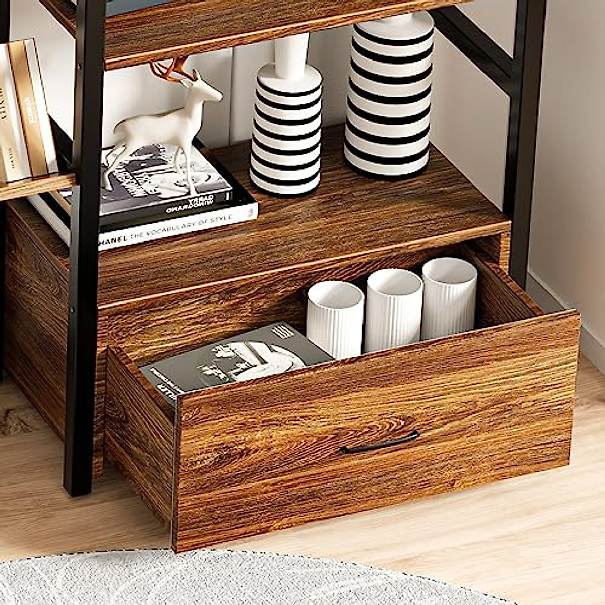 HSSZXFR Triple Wide Bookshelf 5-Tier with 2 Drawers, Industrial Bookshelves Sturdy Wood and Metal, Bookcase Spacious for Display and Storage, Large Display Rack for Home Office