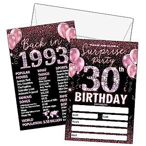 30th Rose Gold Diamonds Birthday Invitations Cards, Double -Sided Pink Glitter Fill-in Invites, 1993 Surprise Birthday Party Supplies Decorations (20 Invites + 20 Envelopes) -A05