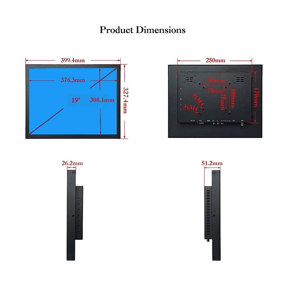 iChawk 19'' inch Monitor 1280x1024 4:3 HDMI-in VGA USB Metal Shell Anti-interference Four-wire Resistive Touch LCD Screen For PC Display, Industrial Medical Equipment With Built-in Speaker W190MT-591R