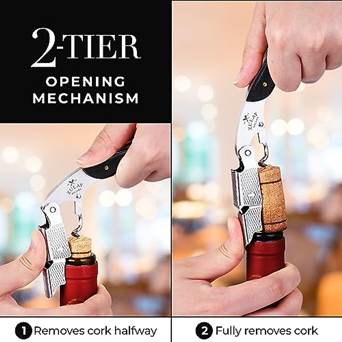 Zulay Wine Opener - Professional Corkscrew Wine Opener with Foil Cutter & Cap Remover - Double Hinged Wine Bottle Opener - Manual Wine Key for Servers, Waiters, Bartenders & Home Use - Ebony