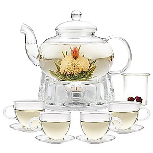 Glass Teapot Set, 34OZ/1000ML Glass Tea Kettle with Loose Tea Infuser & Warmer, 5oz/150ML Tea Cup & Saucer Set of 4, Stovetop & Microwave Safe Tea Maker, Blooming Tea Gift Set For Women