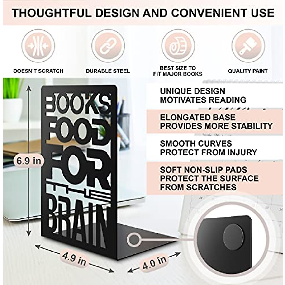 Metal Book Ends For Shelves - Trendy Black Bookends For Heavy Books With Non-Slip Pads - Unique Decorative Book Stoppers Match Home, Office, School, Library - 2 Piece Holder Set For Movies, CDs, Books