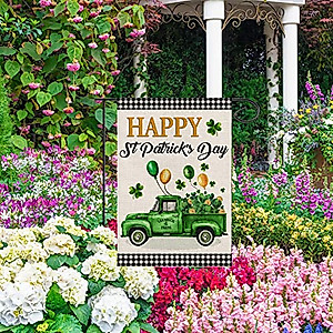 EKOREST Happy St Patrick's Day Garden Flag 12x18 Inch Vertical Double Sided,Buffalo Plaid Truck with Shamrock Balloons Small St. Patricks Day Yard Flag for Outdoor Farmhouse Holiday Outside Decoration