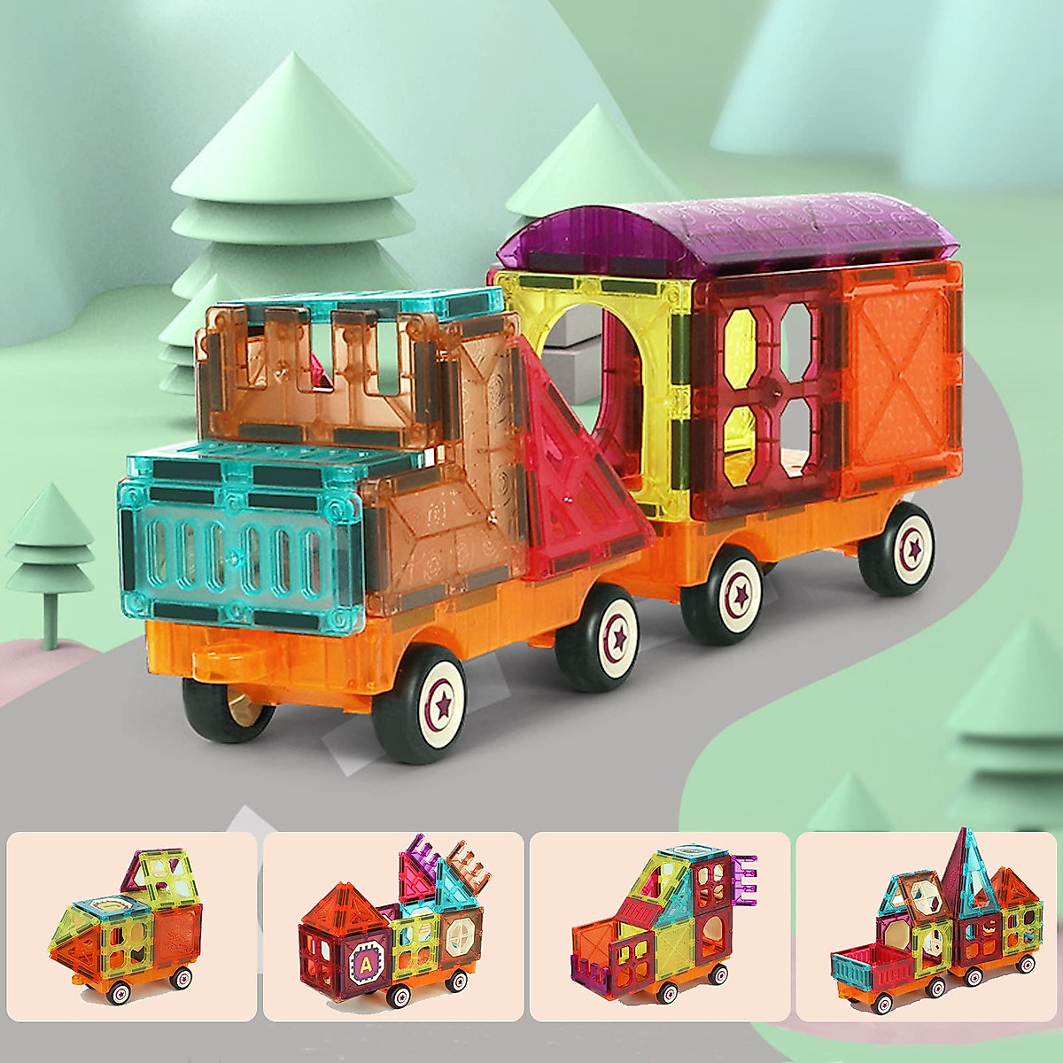 Magnetic Tiles Building Blocks with 4 Cars Magnet Train Set for Kids Construction STEM Toy Preschool Educational Creativity Learning Brithday Gift for Girls Boys Toddlers 3 4 5 6 7 8