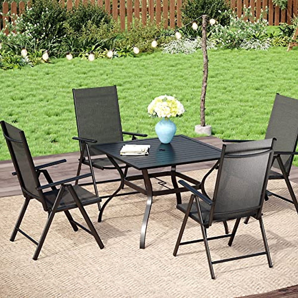 HERA'S PALACE Patio Dining Chair Foldable and Portable, Outdoor Folding Chairs with Armrest, Reclining High Back Sling Dining Chairs for Garden, Poolside, Backyard (2pcs, Black)