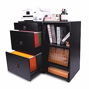 EasyPAG Mobile Filing Cabinet 3 Drawer Wood Lateral File Cabinet and 2 Open Shelf for Documents, Paper,Hanging File Folders, Black