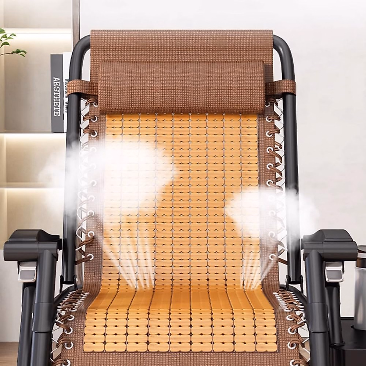 Zero Gravity Reclining Chair Folding Sun Lounge Chair Bamboo with Adjustable Backrest and Pillow & Cup Holder, Outdoor Portable Leisure Deck Chair for Garden Patio Backyard Beach