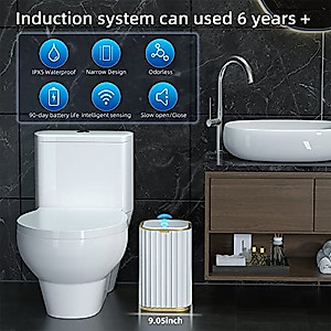MOPALL 3.5 Gallon Automatic Trash Can,Waterproof Slim Touchless Bathroom Garbage Can with a Lid(White with Gold Trim)