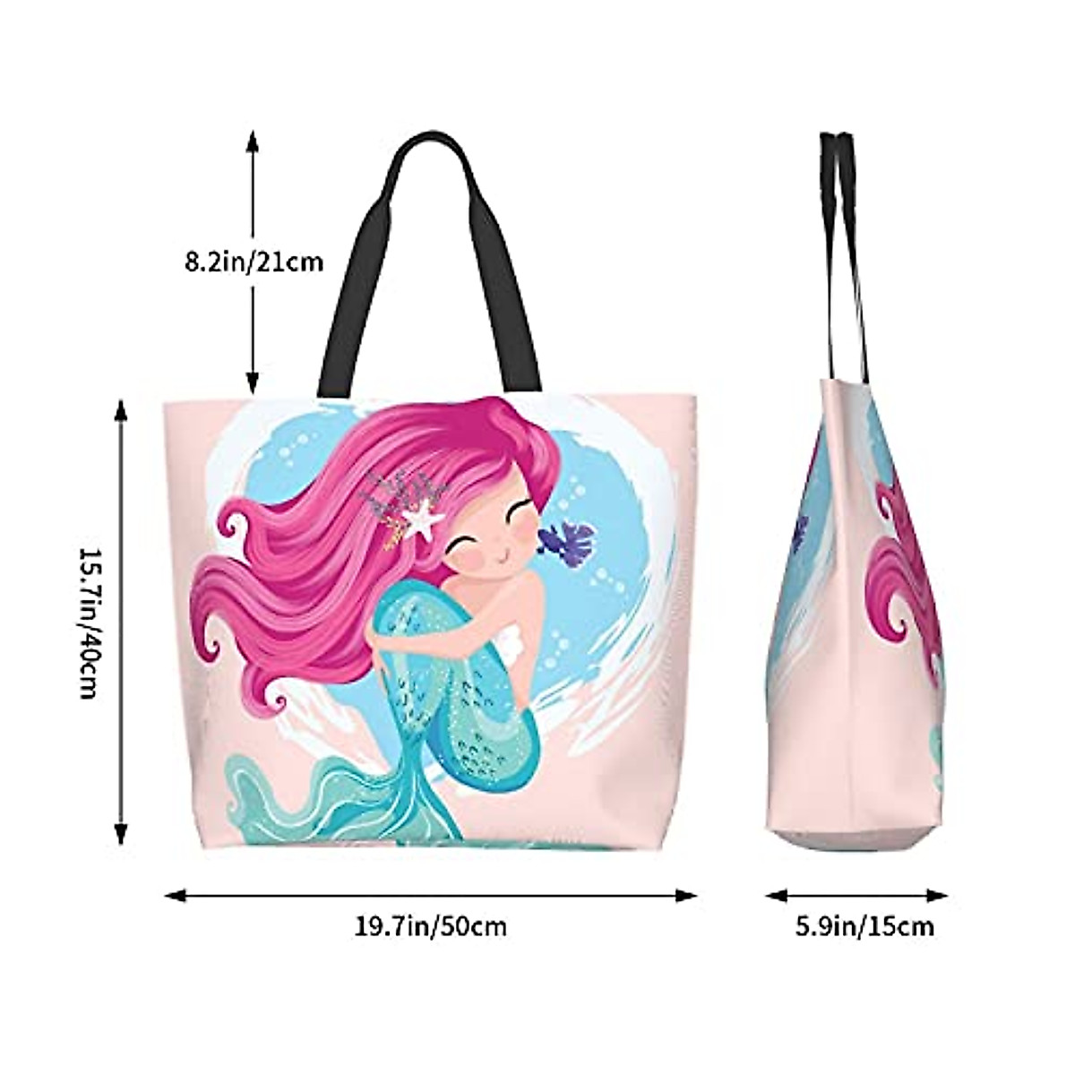 Famame Cute Mermaid Girl Canvas Tote Bag Large Women Casual Shoulder Bag Handbag Reusable Multipurpose Shopping Grocery Bag For Outdoors