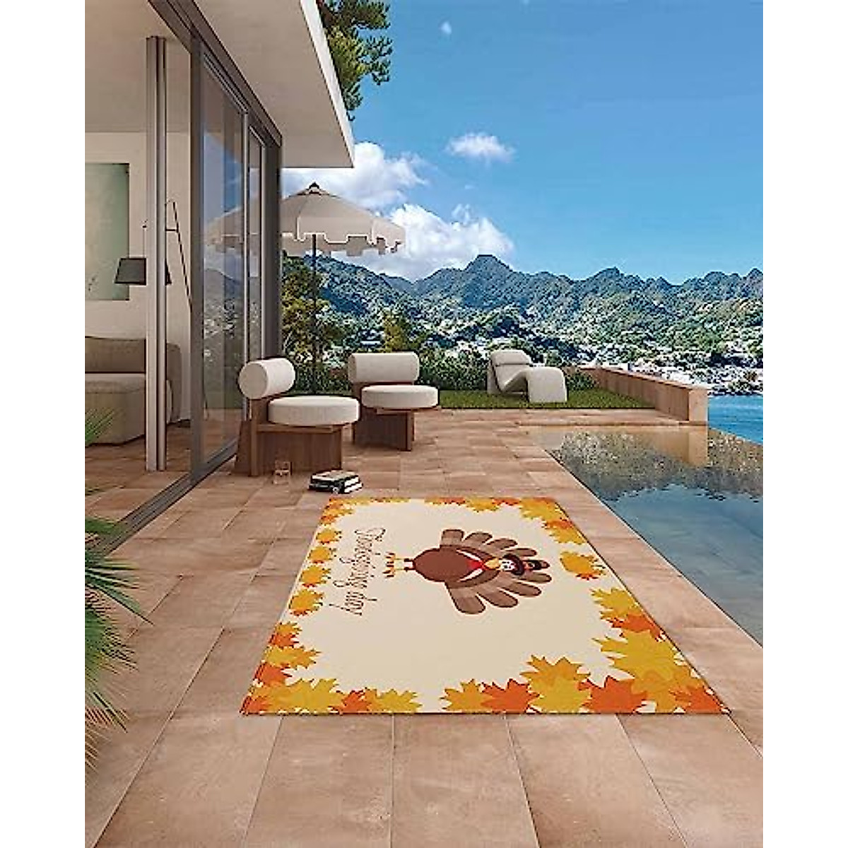 Outdoor Area Rug for Patio,Thanksgiving Day Turkey Fall Maple Camping Rugs Indoor Large Floor Mat 4x6ft,Autumn Orange Pumpkin Fallen Leaves Outside Carpet for Deck RV Picnic Porch Backyard Bedroom