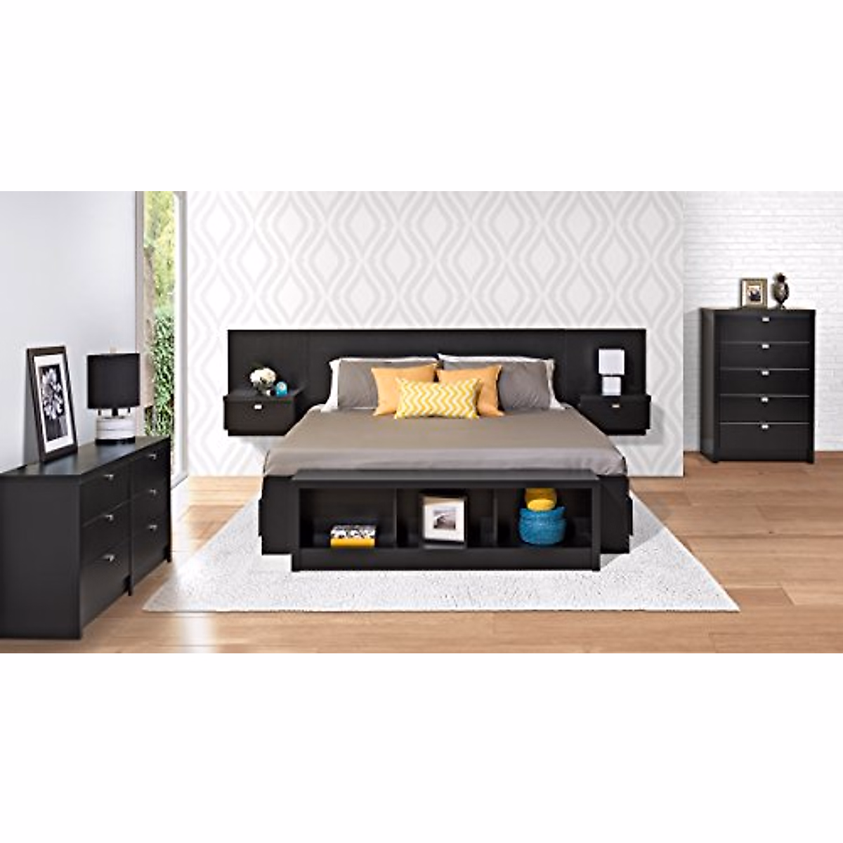 Prepac Series 9 Designer Floating King Headboard with Nightstands, 123.25" W x 31.5" H x 16"D, Black
