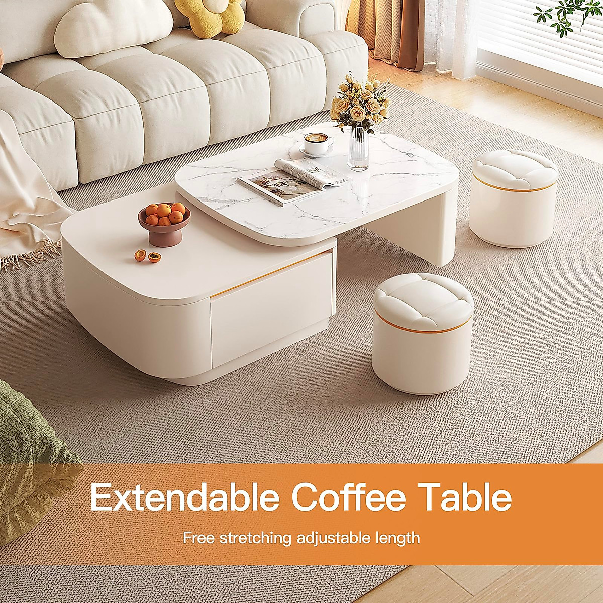 GraceNook Extended Oval Coffee Table with 2 Pu Leather Stools Set, Length Extend from 35"- 54", Nesting Coffee Table 3 Sets with Faux Marble Surface, Center Table with 2 Drawers for Living Room